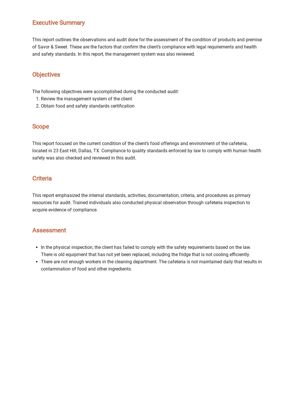 Food Safety Internal Audit Report Template Free PDF Word Apple 