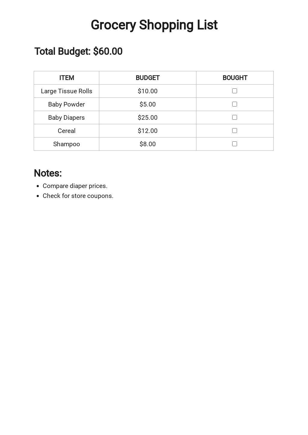 Sample Grocery List Template Free PDF Google Docs Word Template