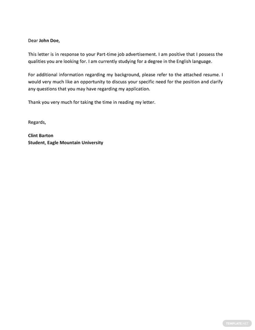 Part Time Job Application Letter For Student Template In Google Docs Word Template