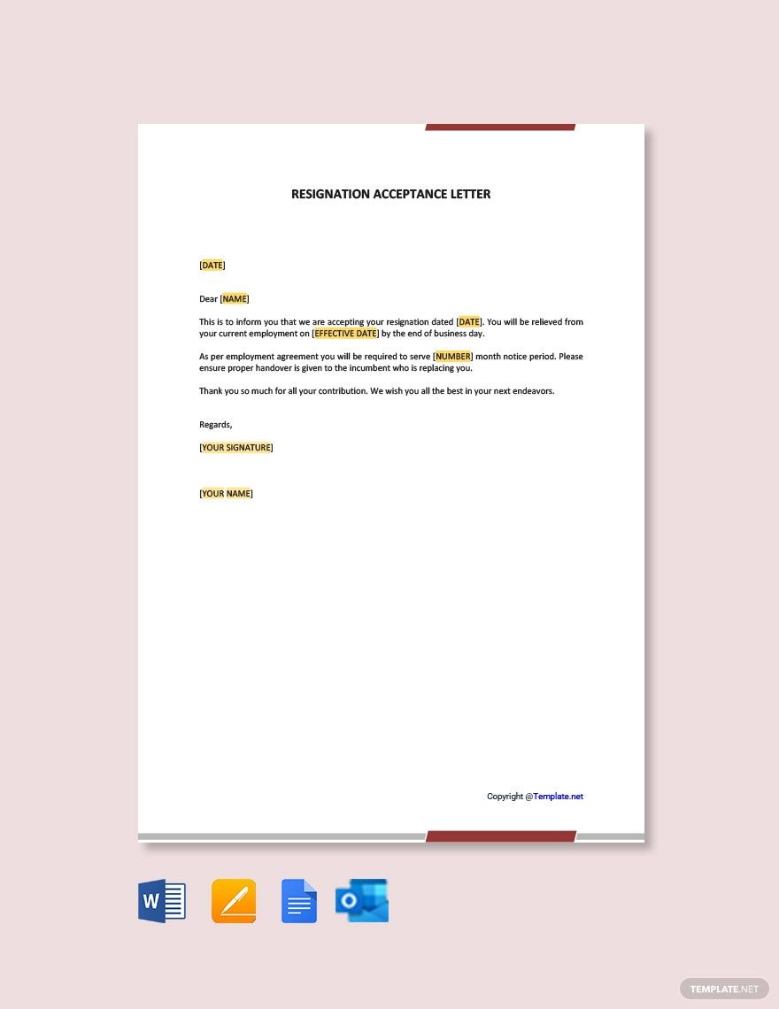 Resignation Acceptance Letter Templates Documents Design Free Download Template
