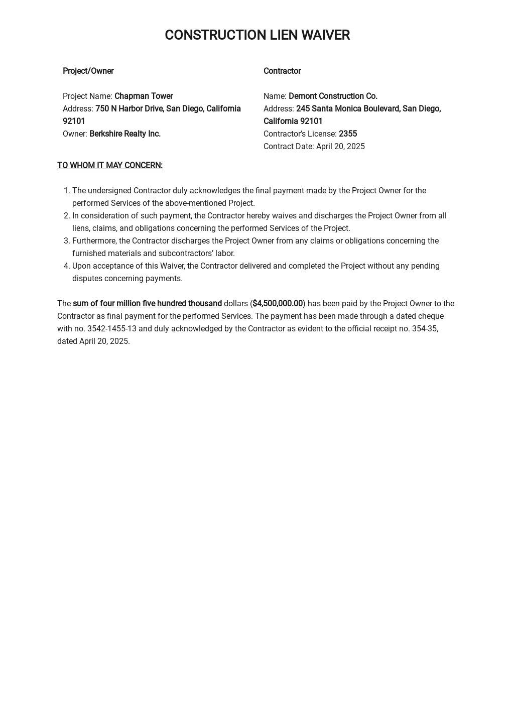 Construction Waiver Template | Template.net