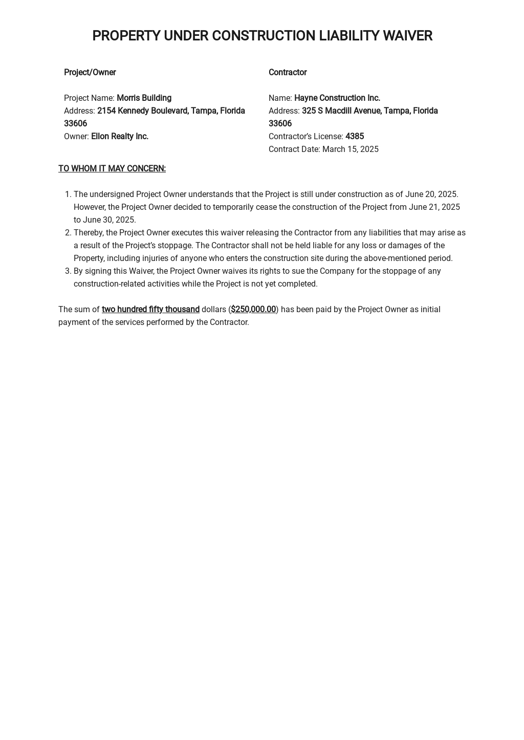 Construction Waiver Template | Template.net