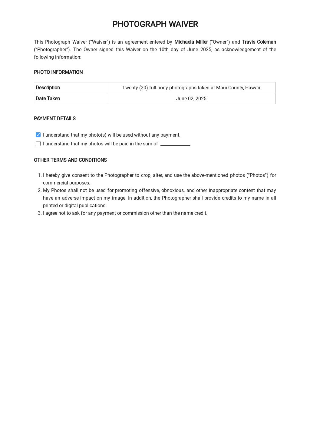 Photography Waiver Template - Google Docs, Word | Template.net