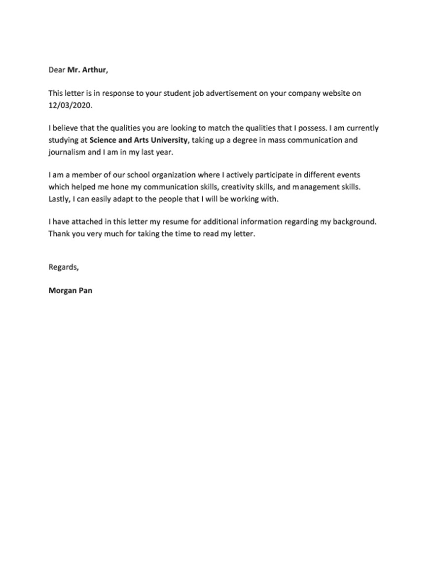 Student Job Application Letter Template Google Docs Word Template