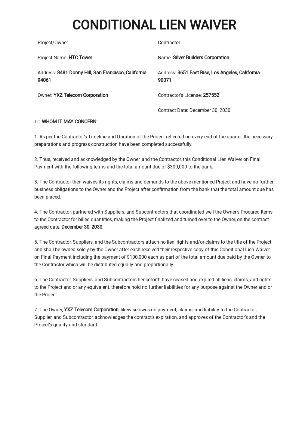 Conditional Lien Waiver Template Google Docs Word Template