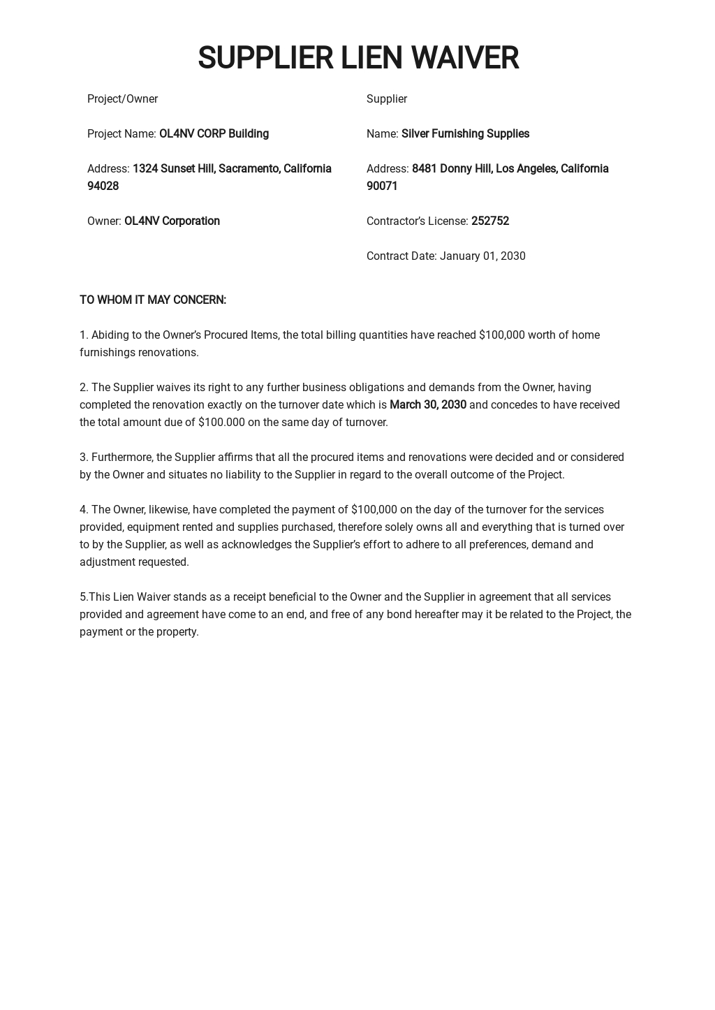 Supplier Lien Waiver Template Google Docs Word Template