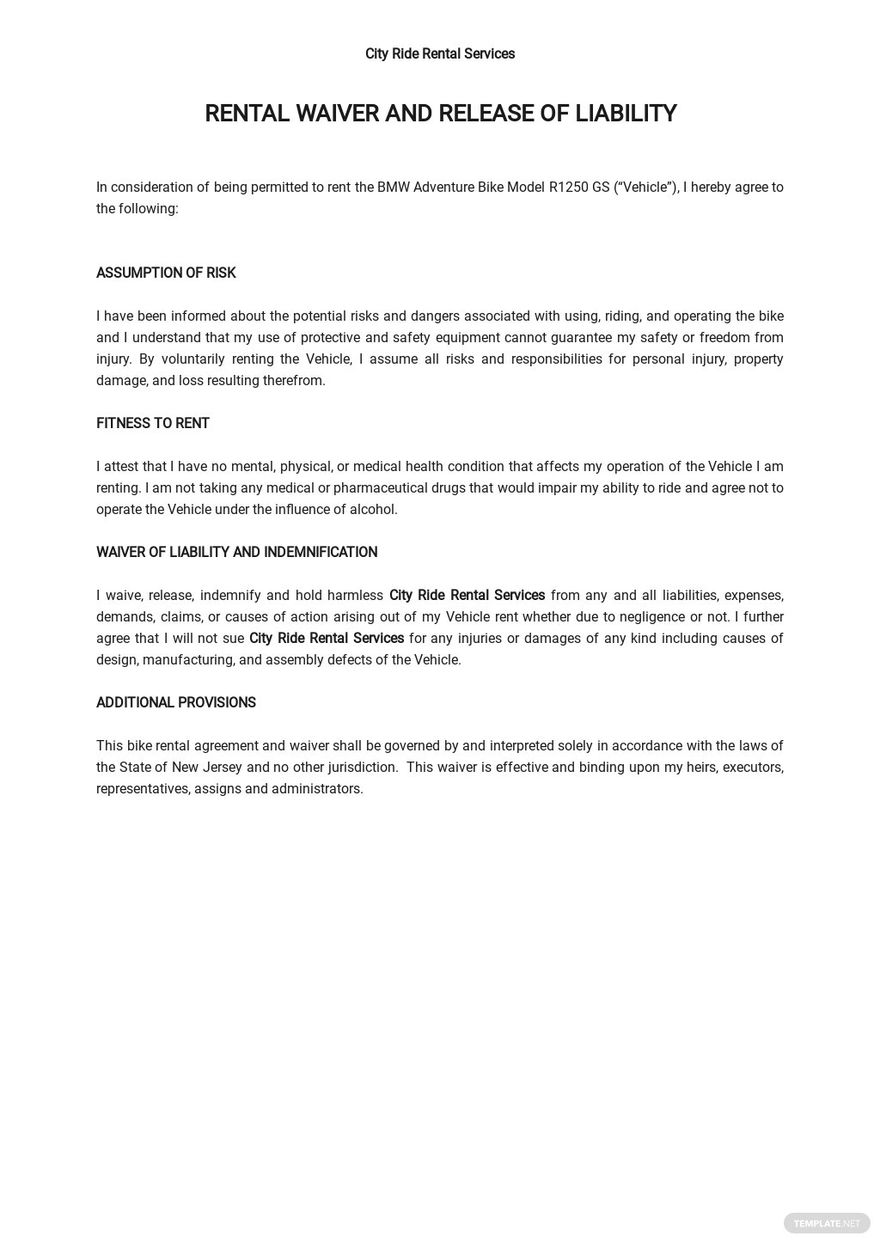Bike Rental Agreement And Waiver Template Word Google Docs 
