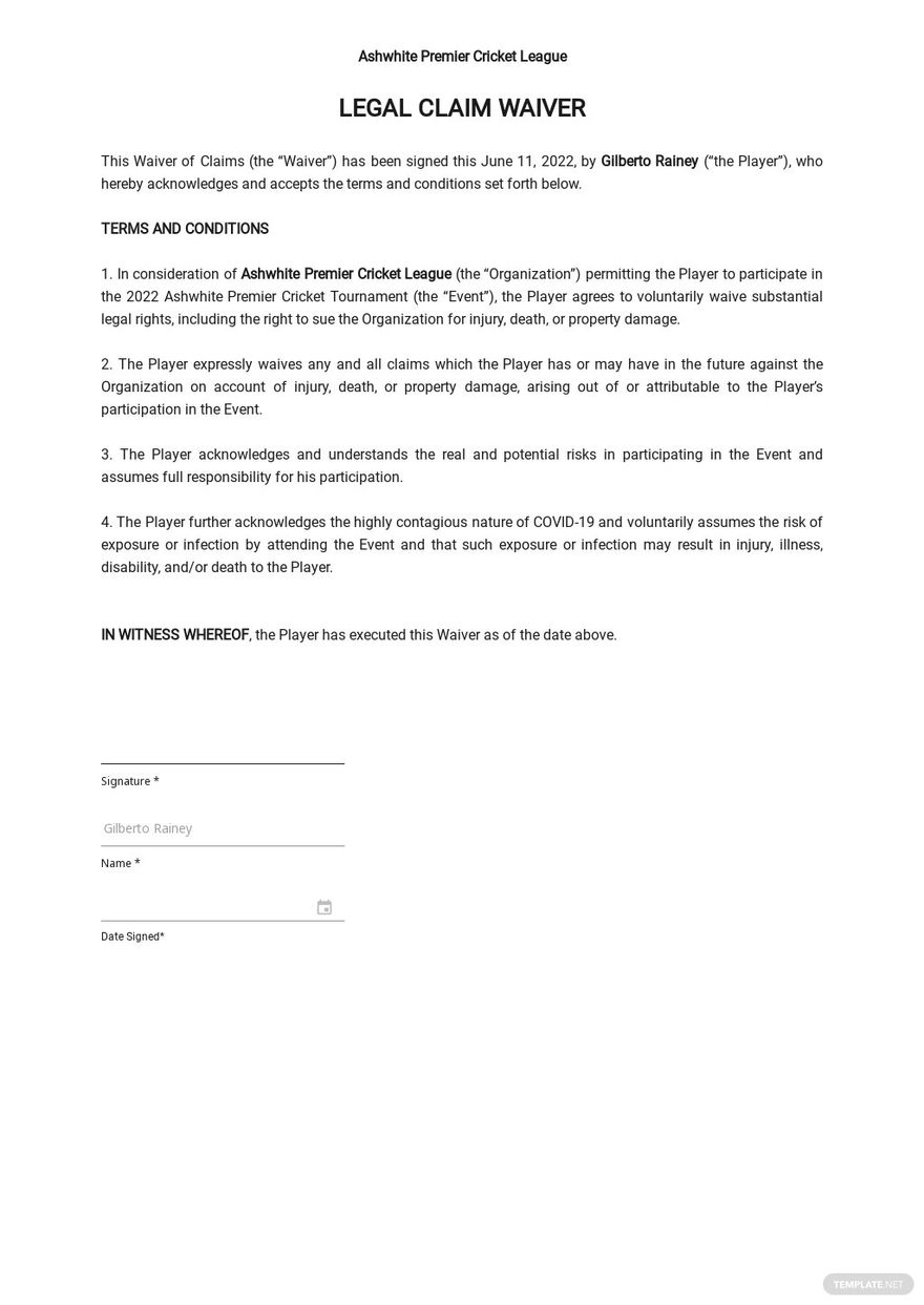 Legal Claim Waiver Template In MS Word GDocsLink Download