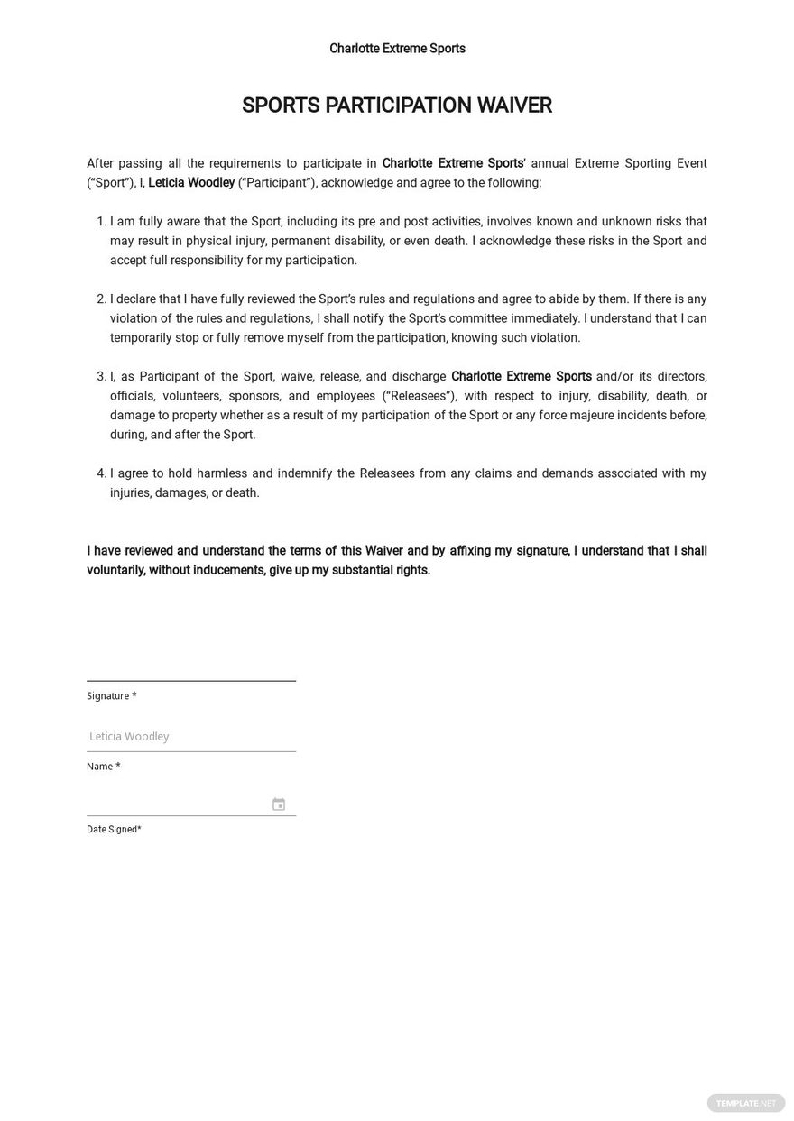Sports Participation Waiver Template Google Docs Word Template