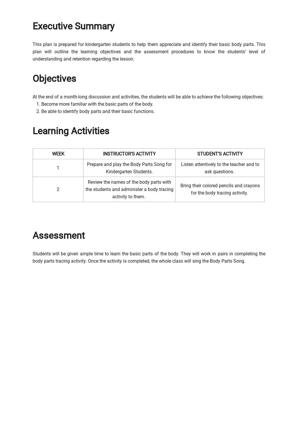 Lesson Plan Templates Kindergarten