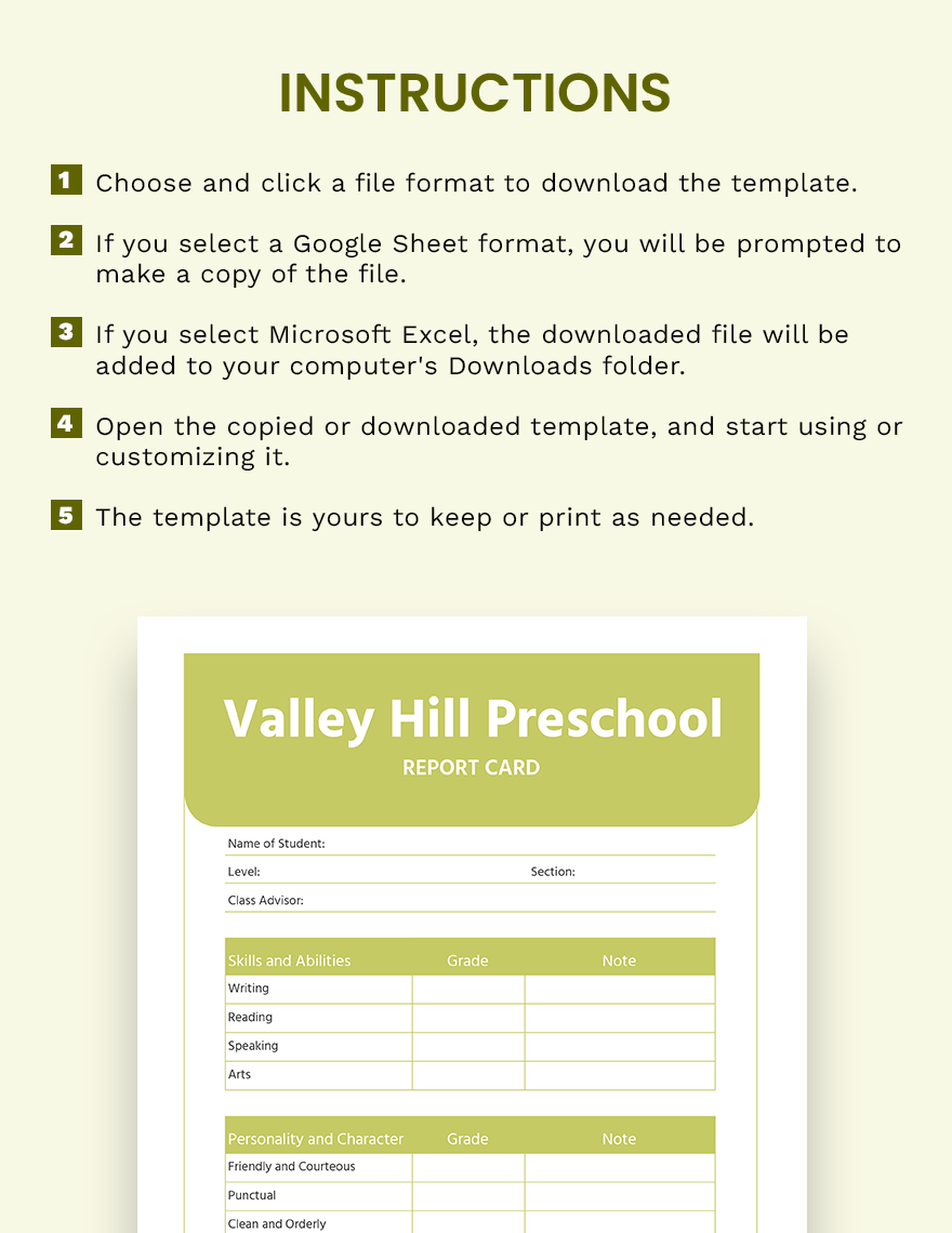 Free Blank Preschool Report Card Template - Google Docs, Google Sheets ...