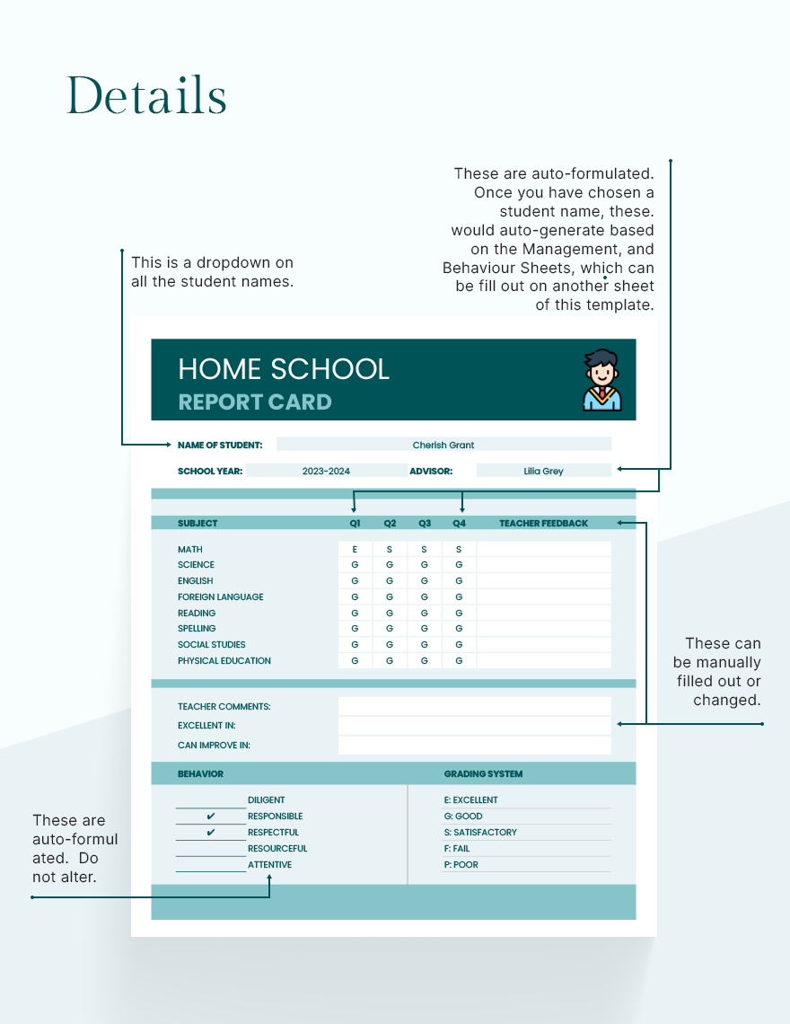 Simple Home School Report Card Template - Google Docs, Google Sheets ...