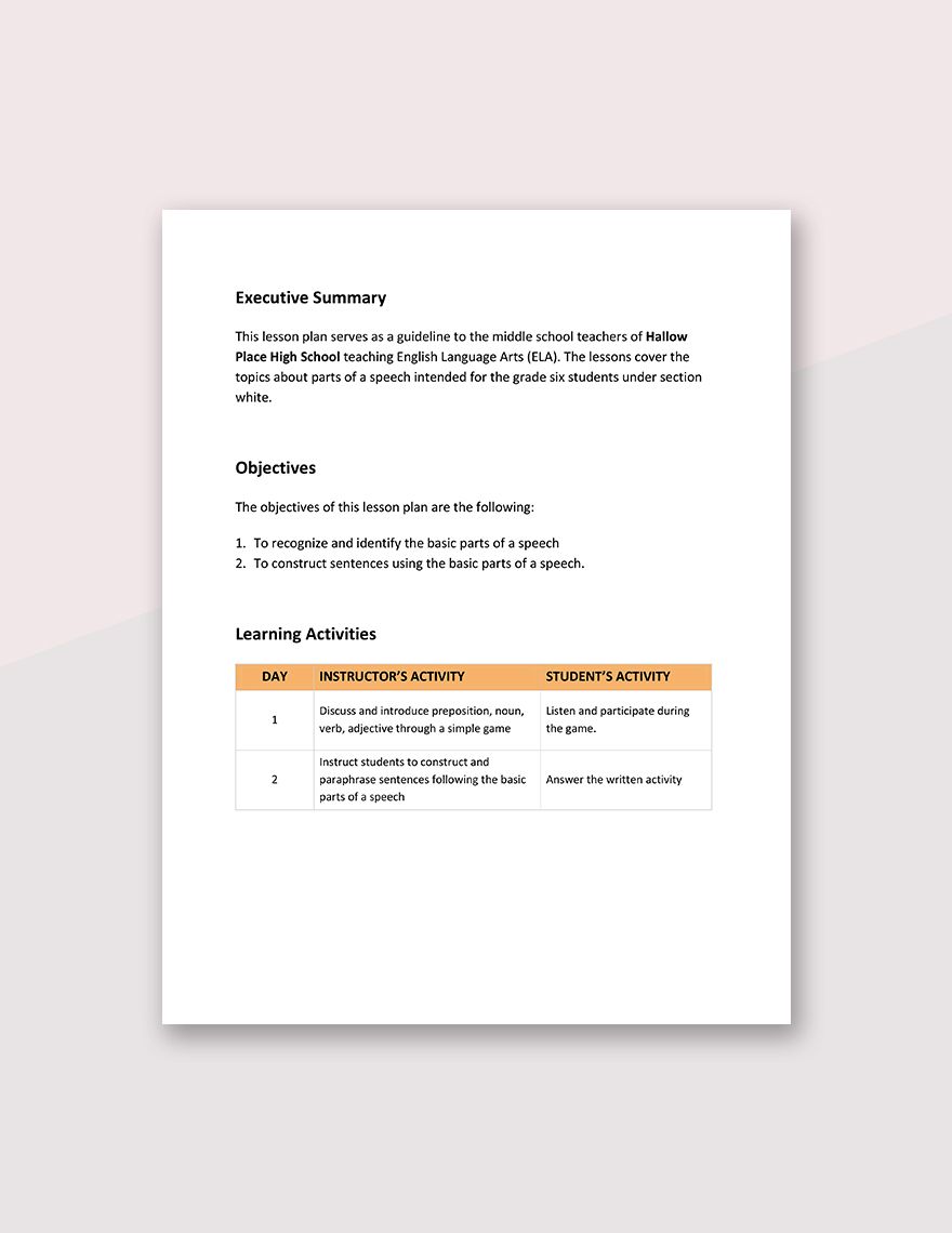 Middle School ELA Lesson Plan Template Google Docs Word Apple Pages 