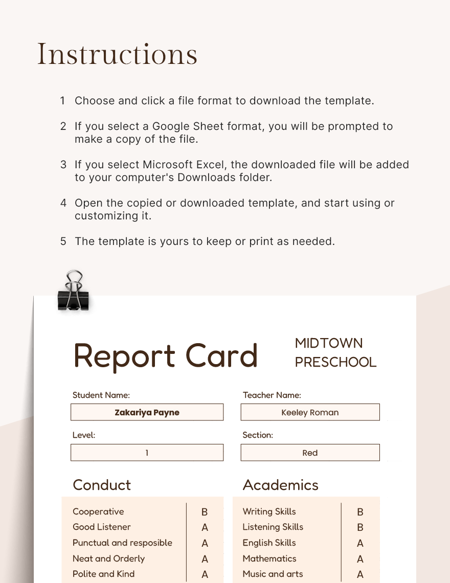 Preschool Progress Report Card Template - Google Docs, Google Sheets ...