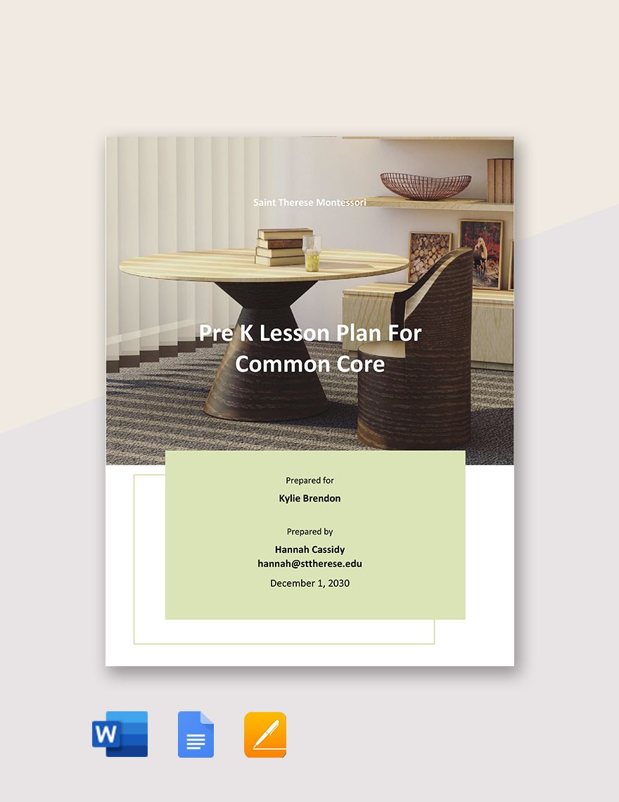 Pre K Lesson Plan Template For Common Core Google Docs Word Apple Pages PDF Template