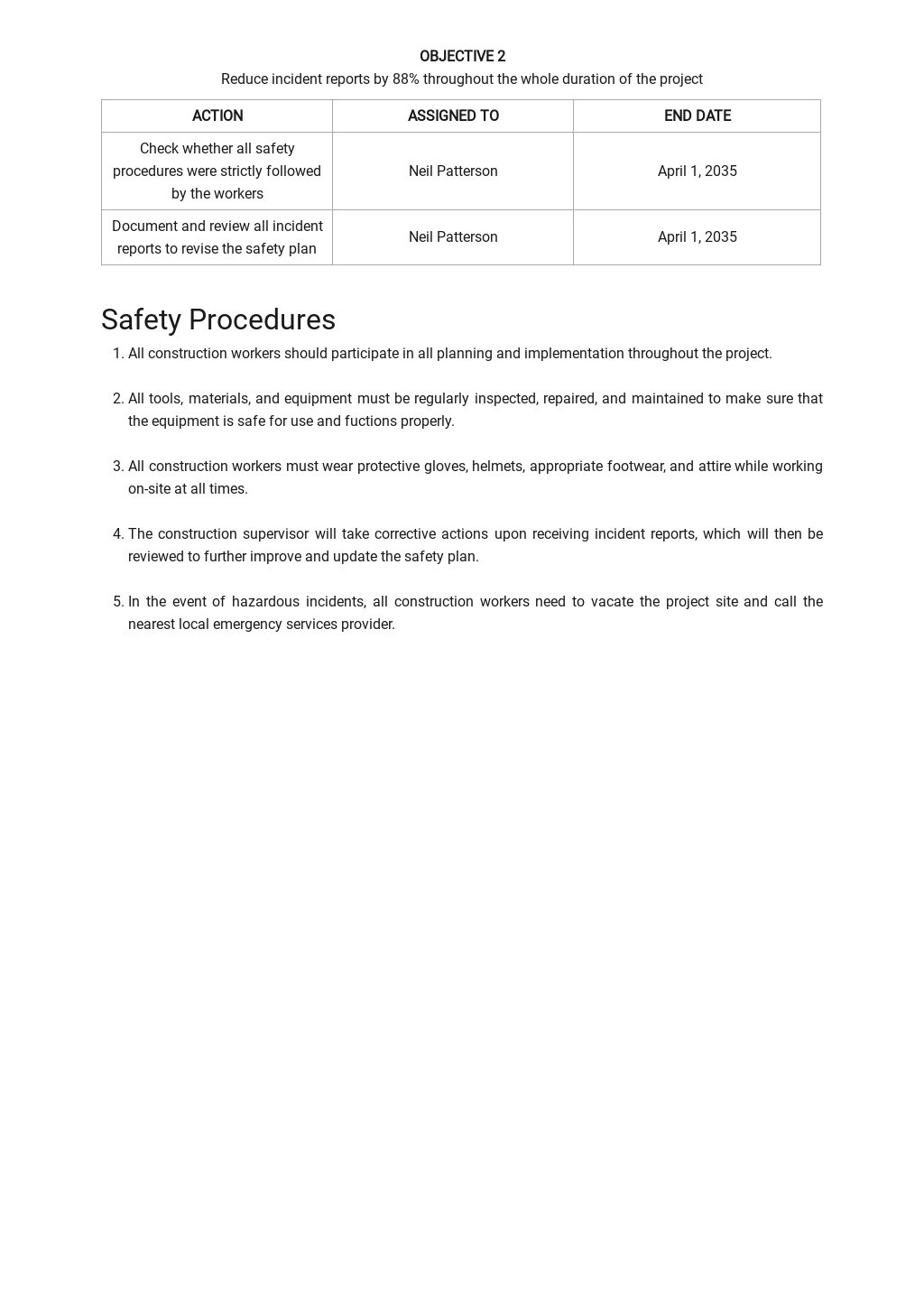 Construction Project Site Specific Safety Plan Template Free PDF 