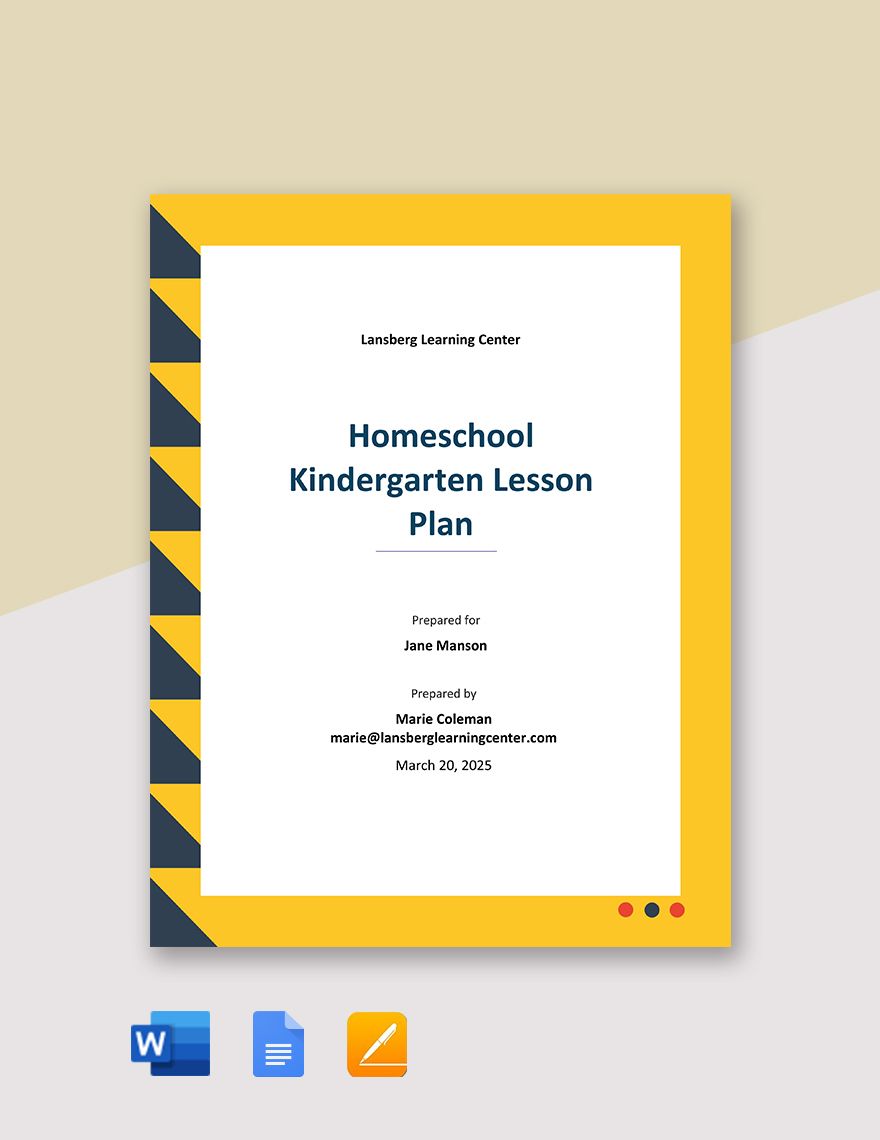Homeschool Kindergarten Lesson Plan Template Google Docs Word Apple 