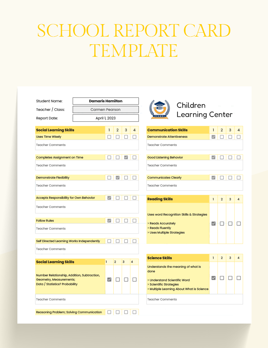 School Report Card Template Google Docs Google Sheets Illustrator 