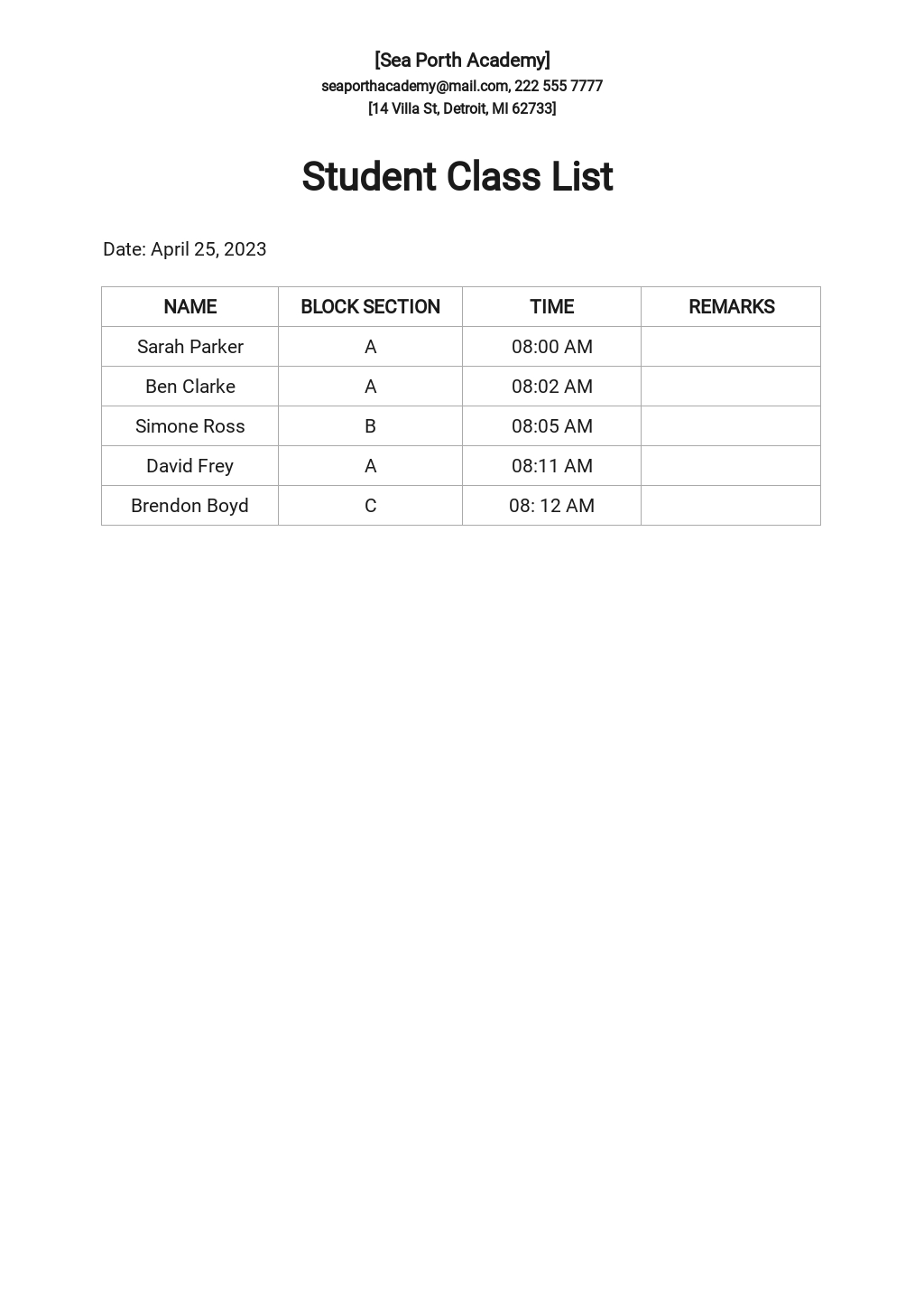 Sample Class List Template Free PDF Google Docs Google Sheets