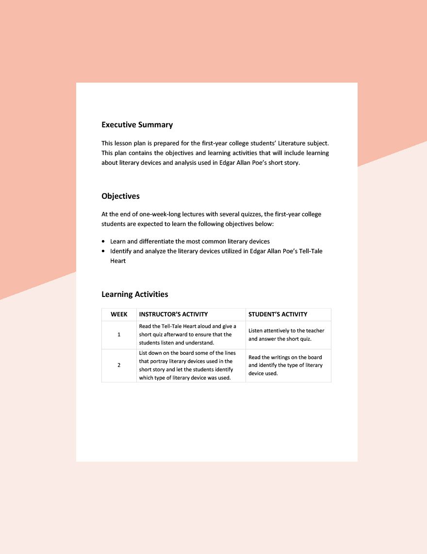 Teachers College Lesson Plan Template - Google Docs, Word, Apple Pages ...