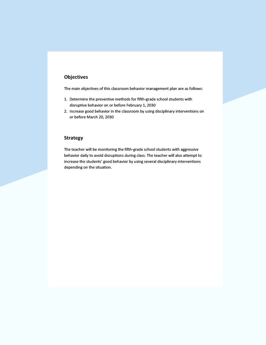 Classroom Behavior Management Plan Template - Google Docs, Word, Apple ...