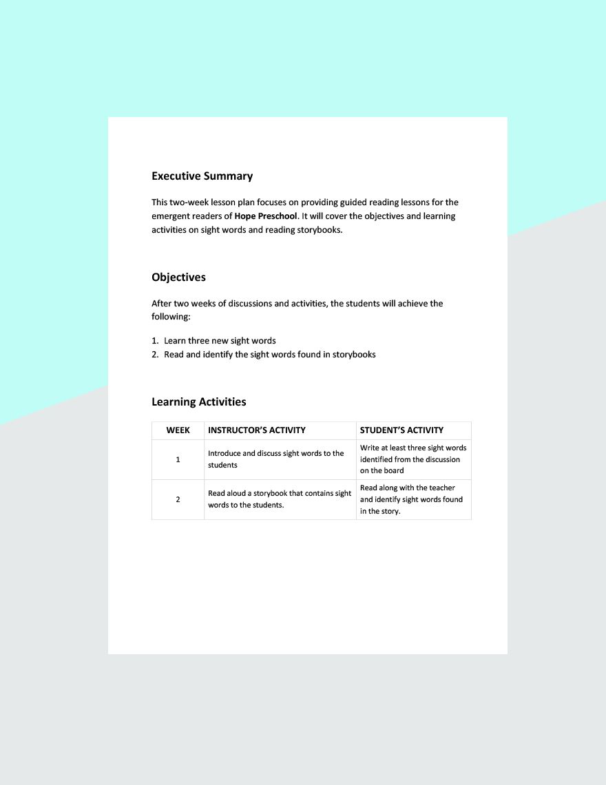 Free Simple Guided Reading Lesson Plan Template - Google Docs, Word ...