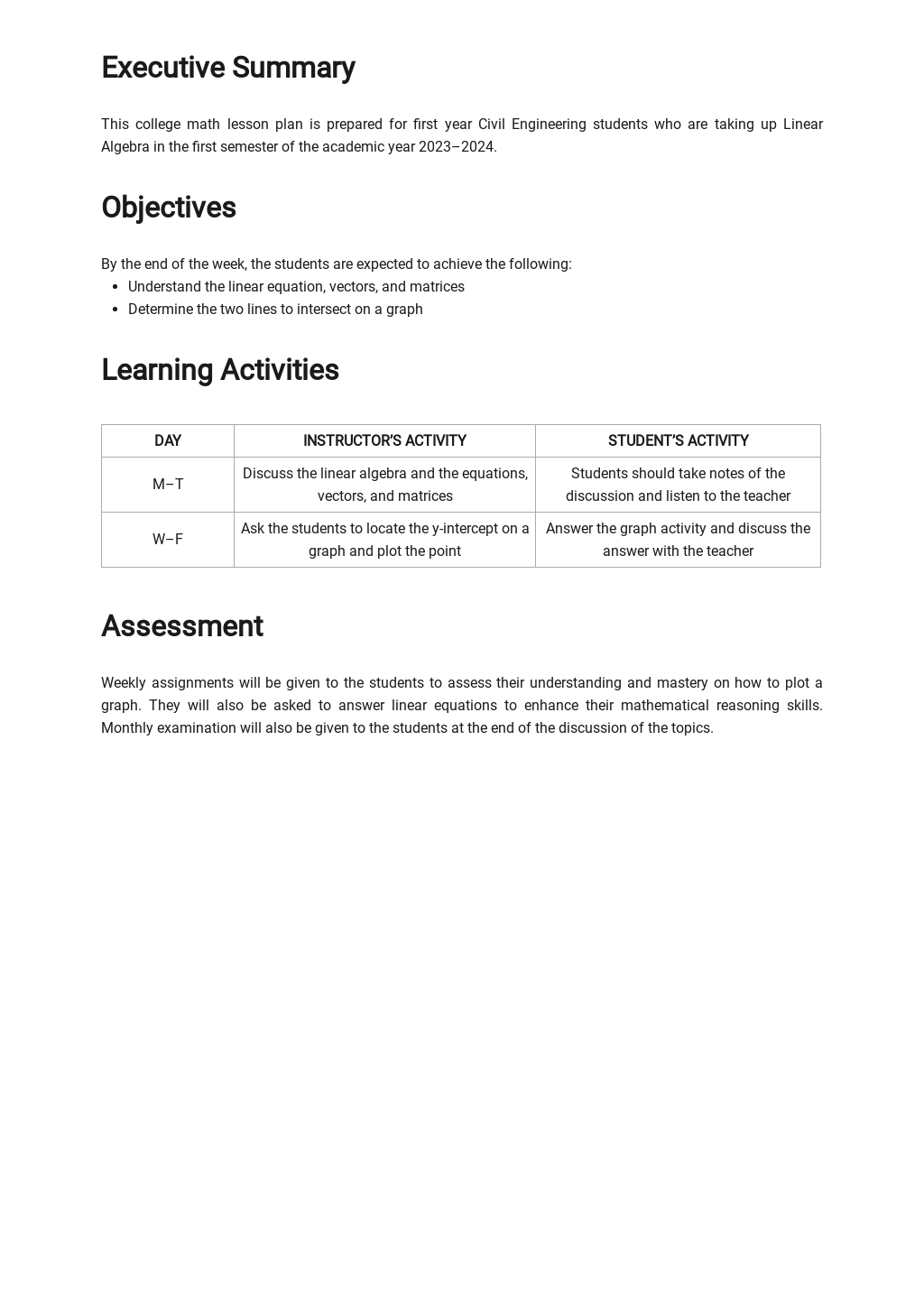 Free Sample College Math Lesson Plan Template - Google Docs, Word ...