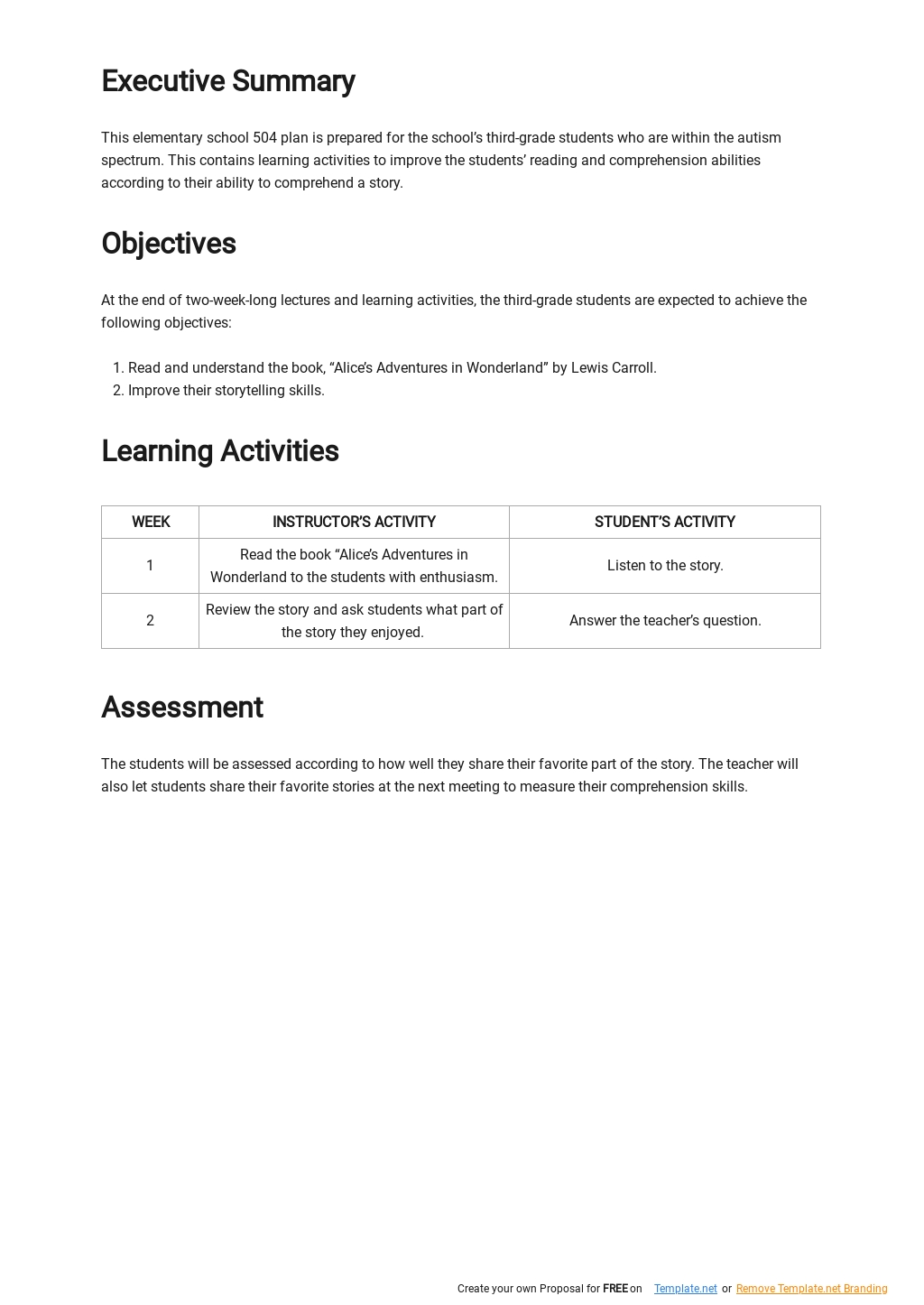 Elementary School 504 Plan Template - Google Docs, Word, Apple Pages ...