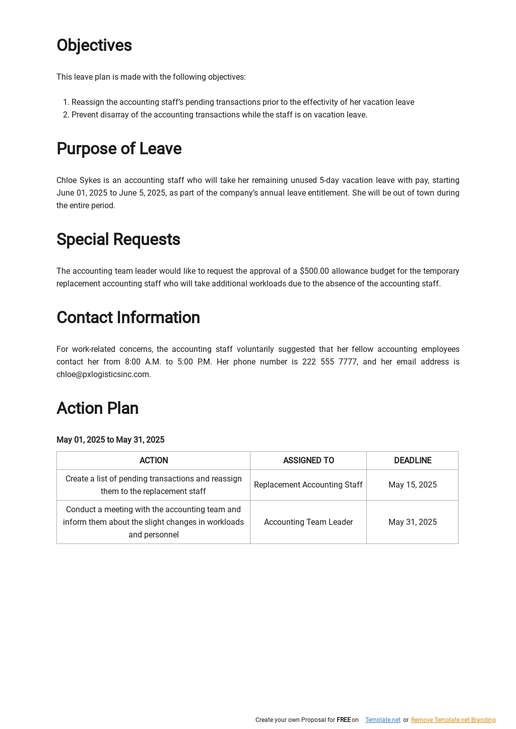 Staff Leave Plan Template [Free PDF] | Template.net