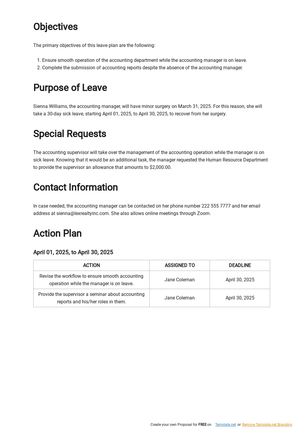 FREE Free Sample Leave Plan Template | Template.net