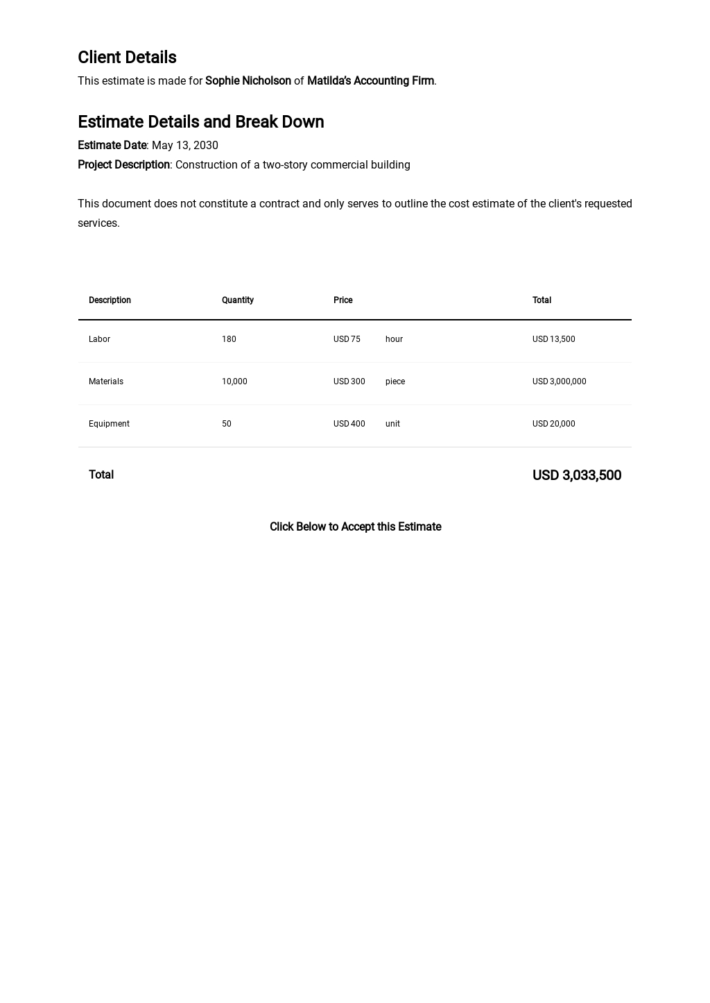 Blank Contractor Estimate Sheet Template - Excel, Word, Apple Numbers ...