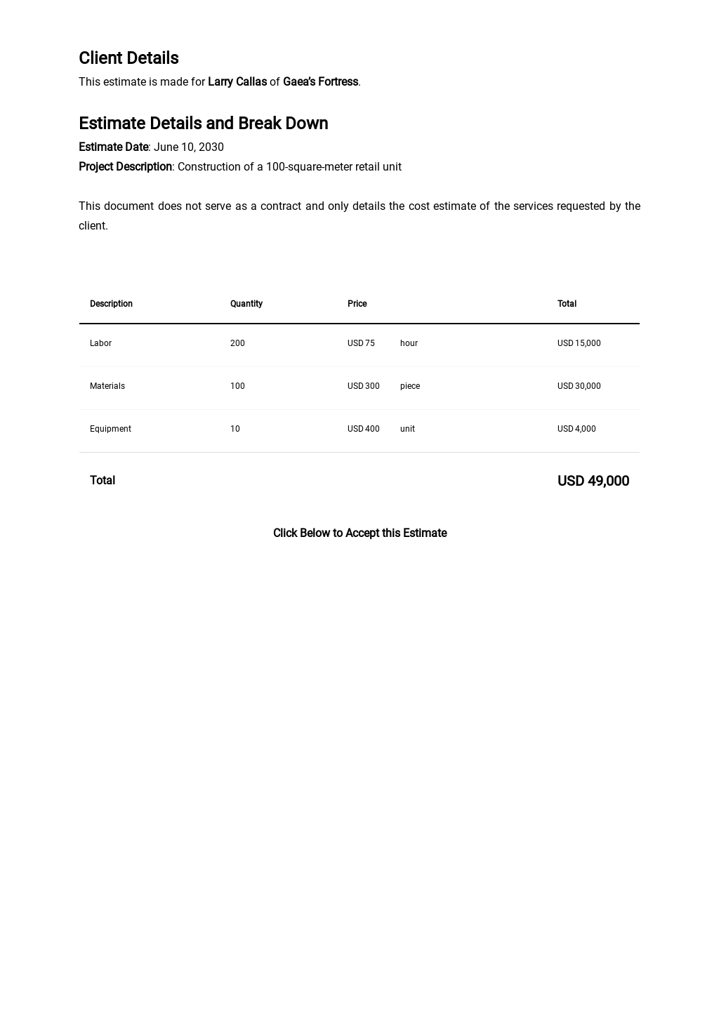 Contractor Estimate Form Template [Free PDF] - Excel, Word, Apple ...