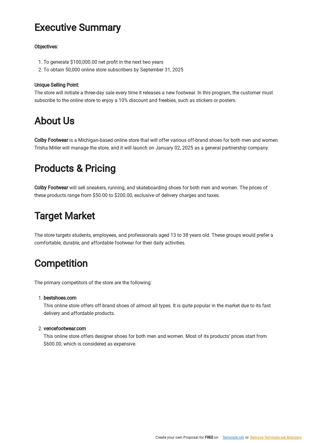 Online Shoe Store Business Plan Template Free PDF Template Online Shoe Store Business Plan Template Free PDF Template