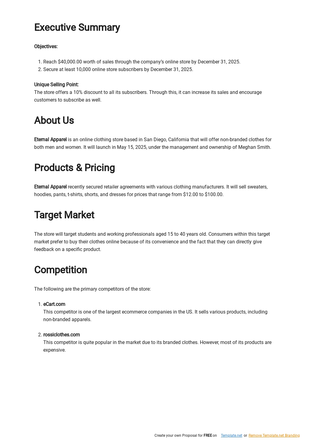 Free Clothing Line Business Plan Template