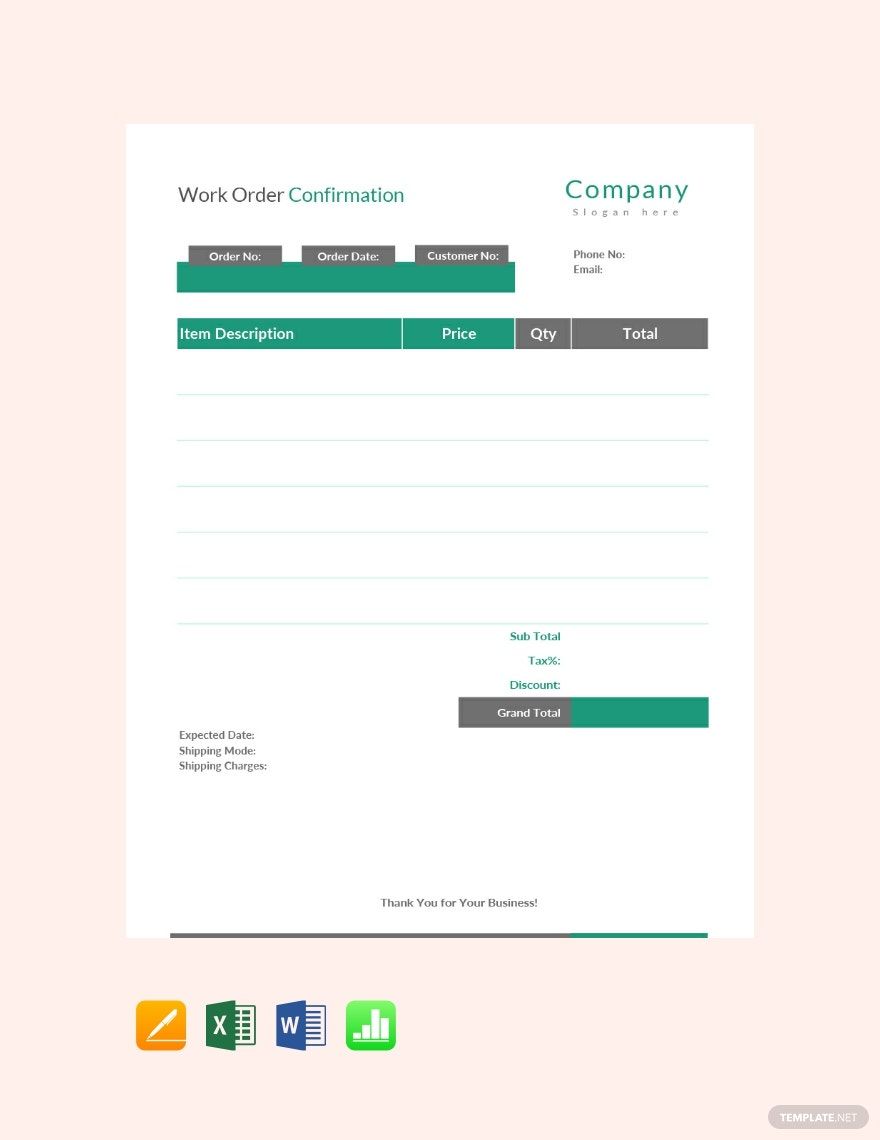 Transport Work Order Template - Google Docs, Google Sheets, Excel, Word, Apple Numbers, Apple ...