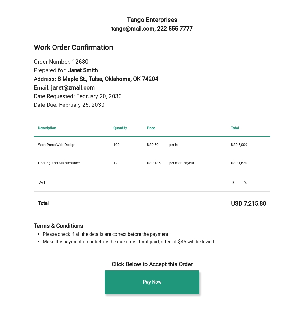 FREE Work Order Format Template - PDF | Word (DOC) | Excel | Apple (MAC ...
