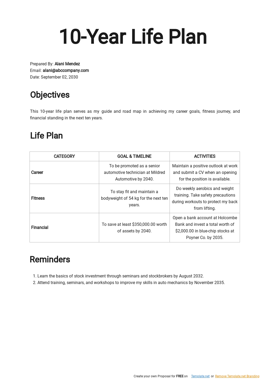 Ten Year Plan Template