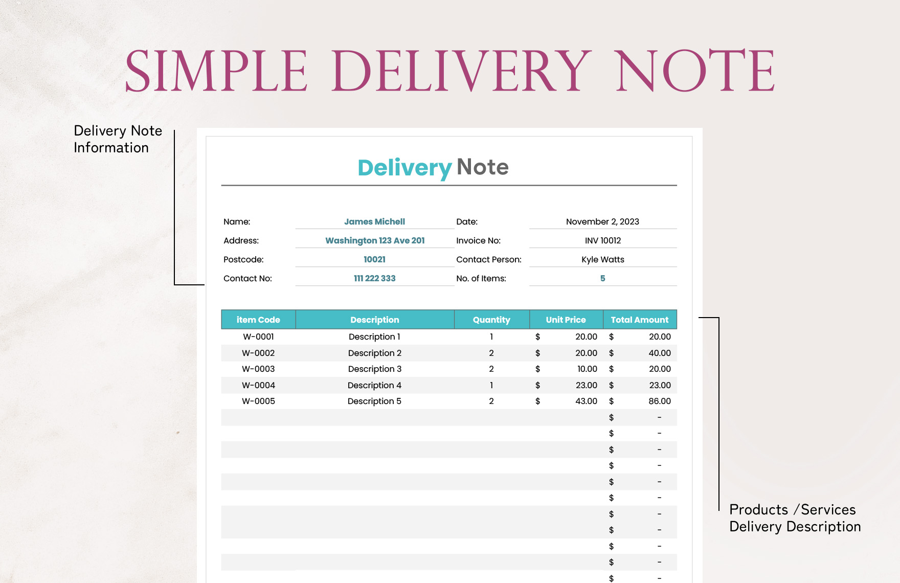 Free Simple Delivery Note Template - Download in Word, Google Docs ...