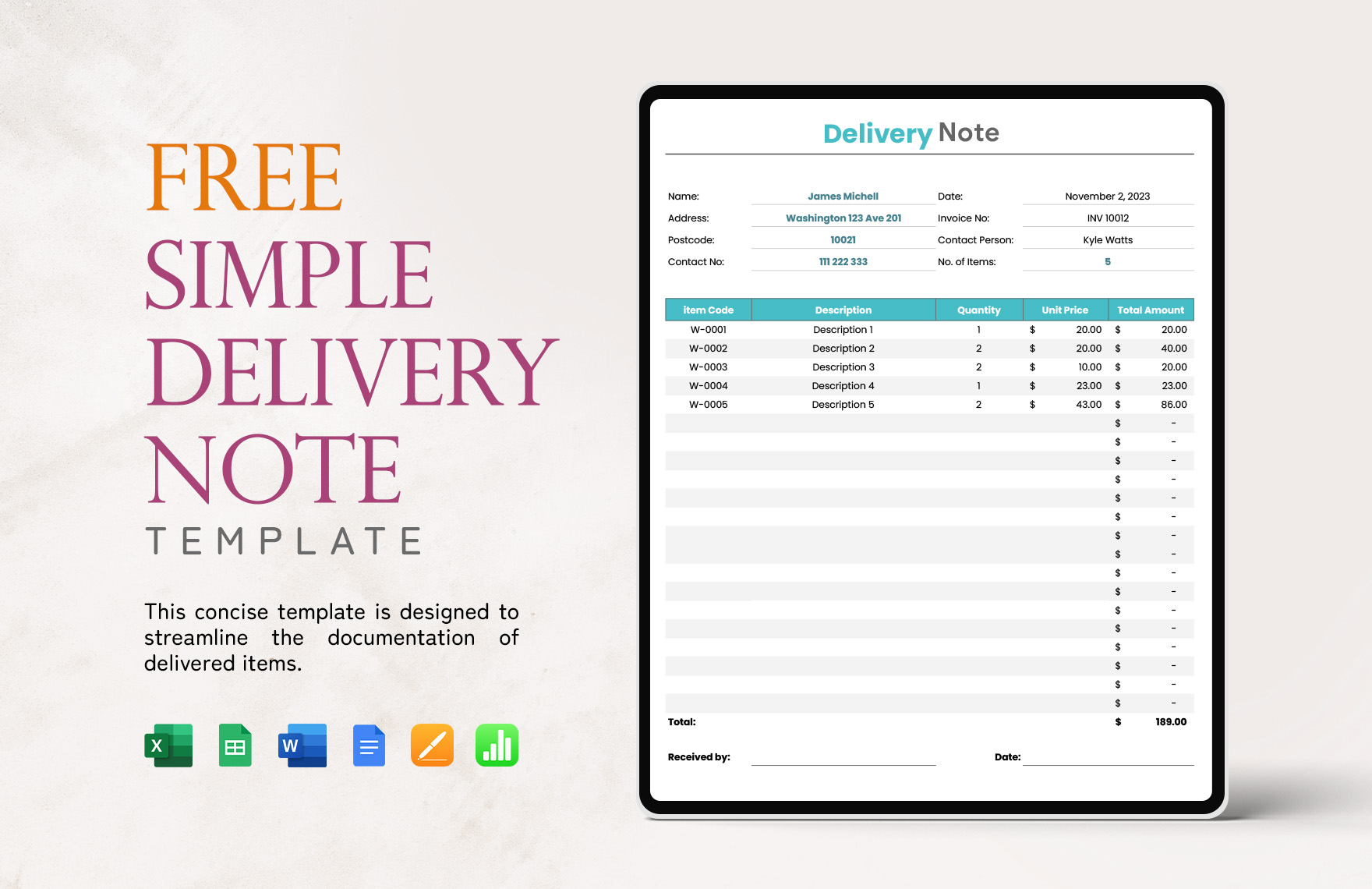 Free Simple Delivery Note Template - Download in Word, Google Docs ...