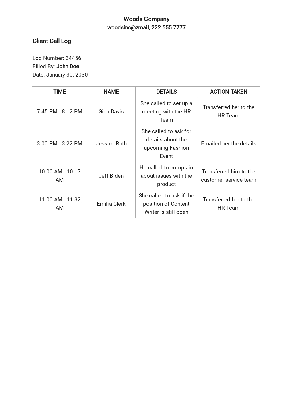 Customer Service Call Log Template [Free PDF] - Excel, Word, Apple ...