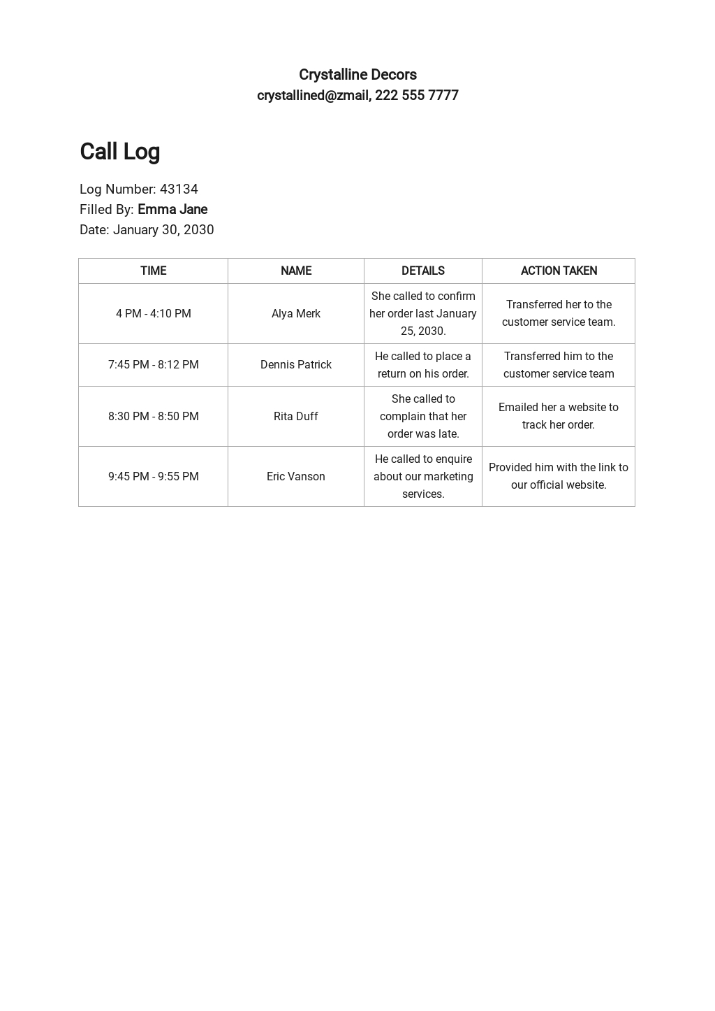 Daily Call Log Template Free PDF Excel Word Apple Numbers Apple Pages PDF Template