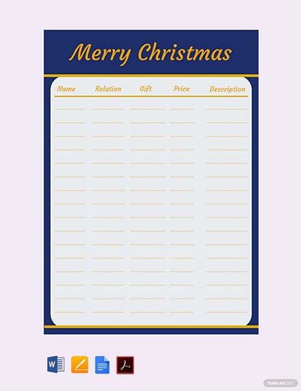 FREE Merry Christmas Gift List Template Word DOC Apple MAC 