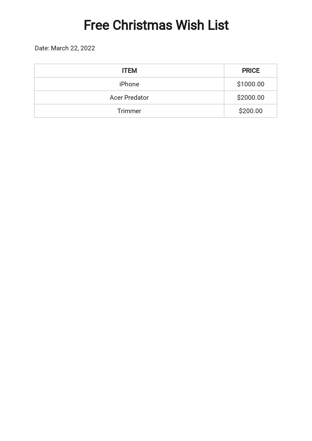 Christmas Wish List Template Google Docs Word Template