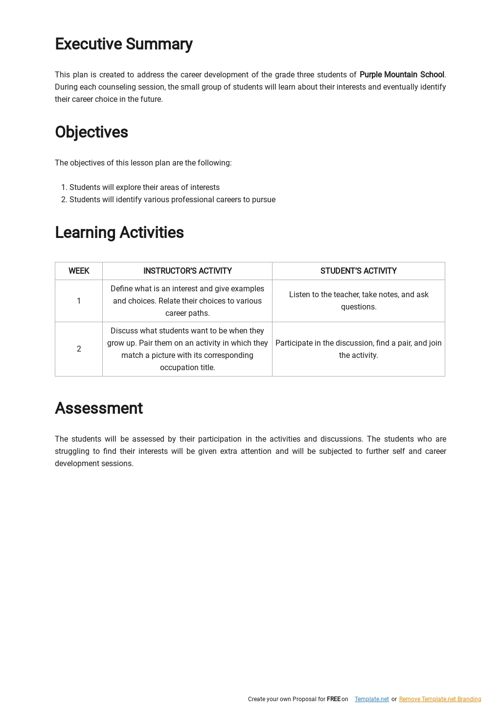 Counseling Lesson Plan Template