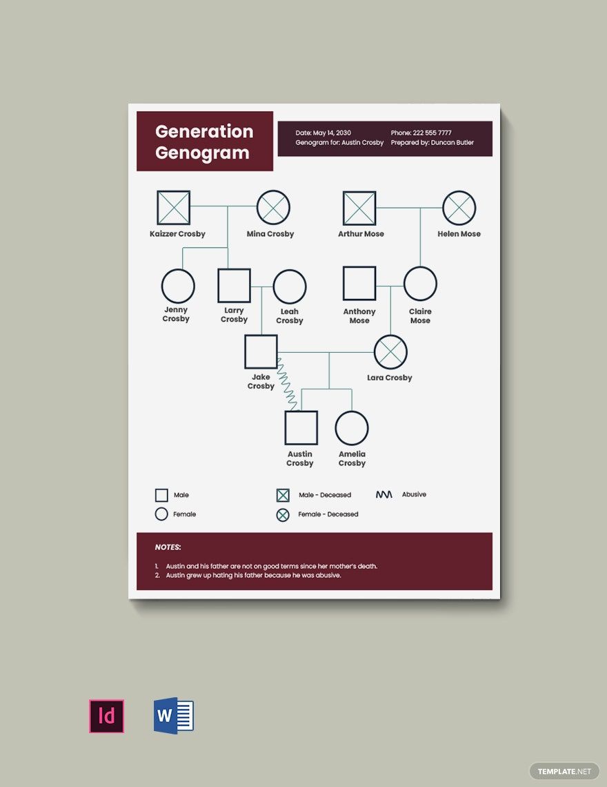 Basic 4 Generation Genogram Template InDesign Word Template