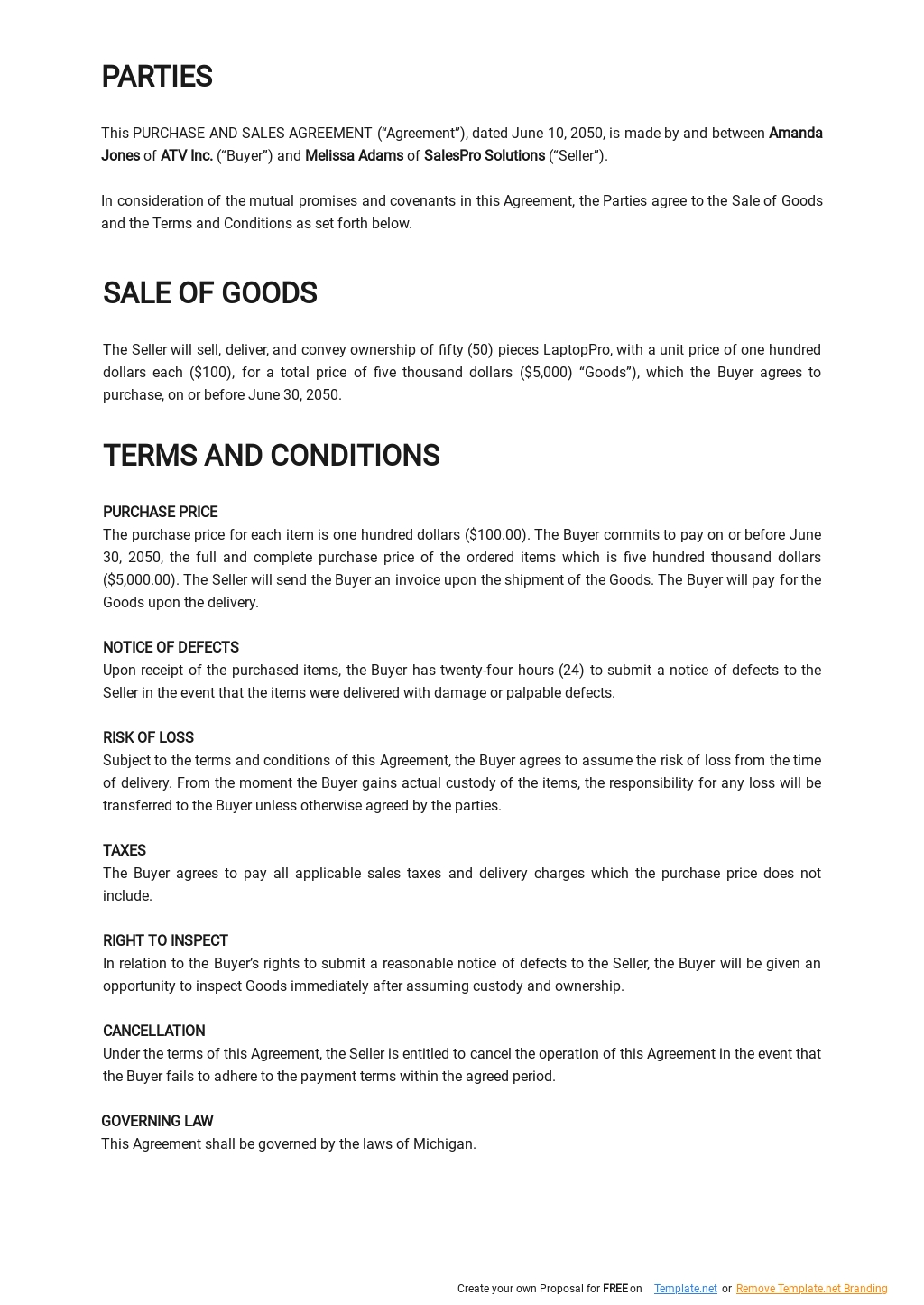 Free Simple Purchase And Sale Agreement Template - Google Docs, Word ...