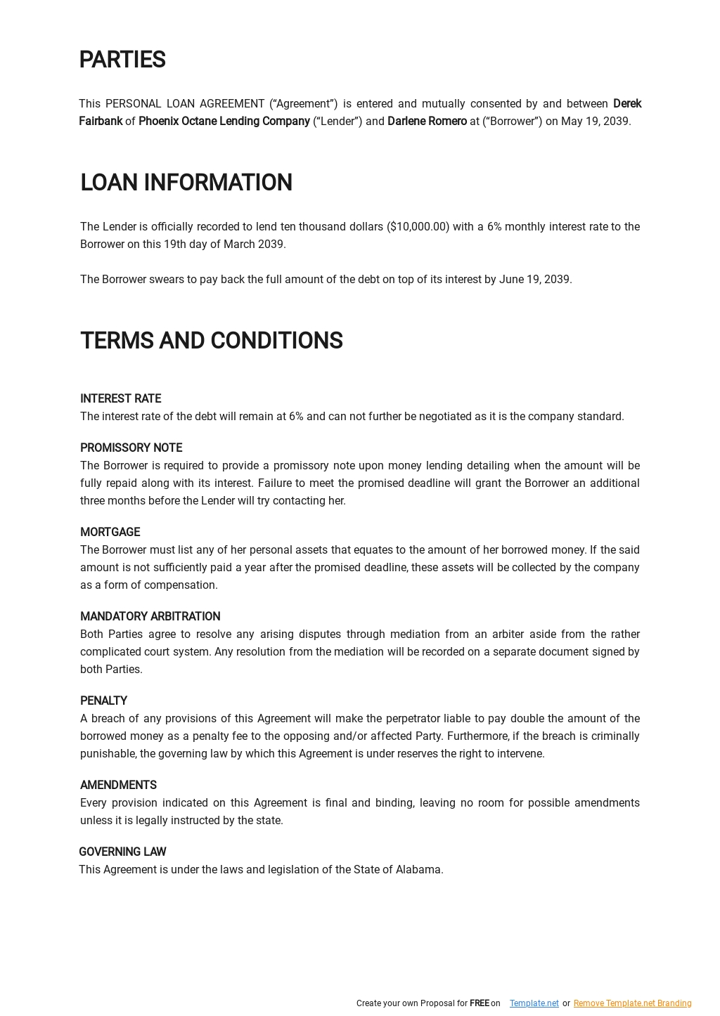 Free Simple Personal Loan Agreement Template - Google Docs, Word, Apple ...