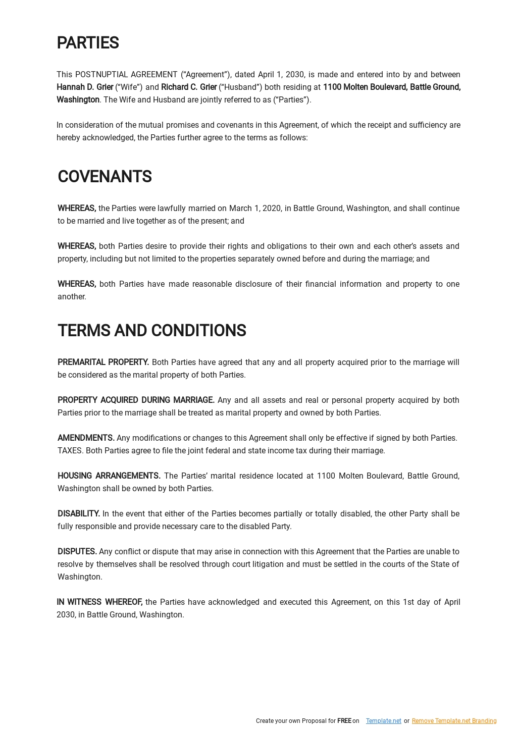 Postnuptial Agreement Template Google Docs Template