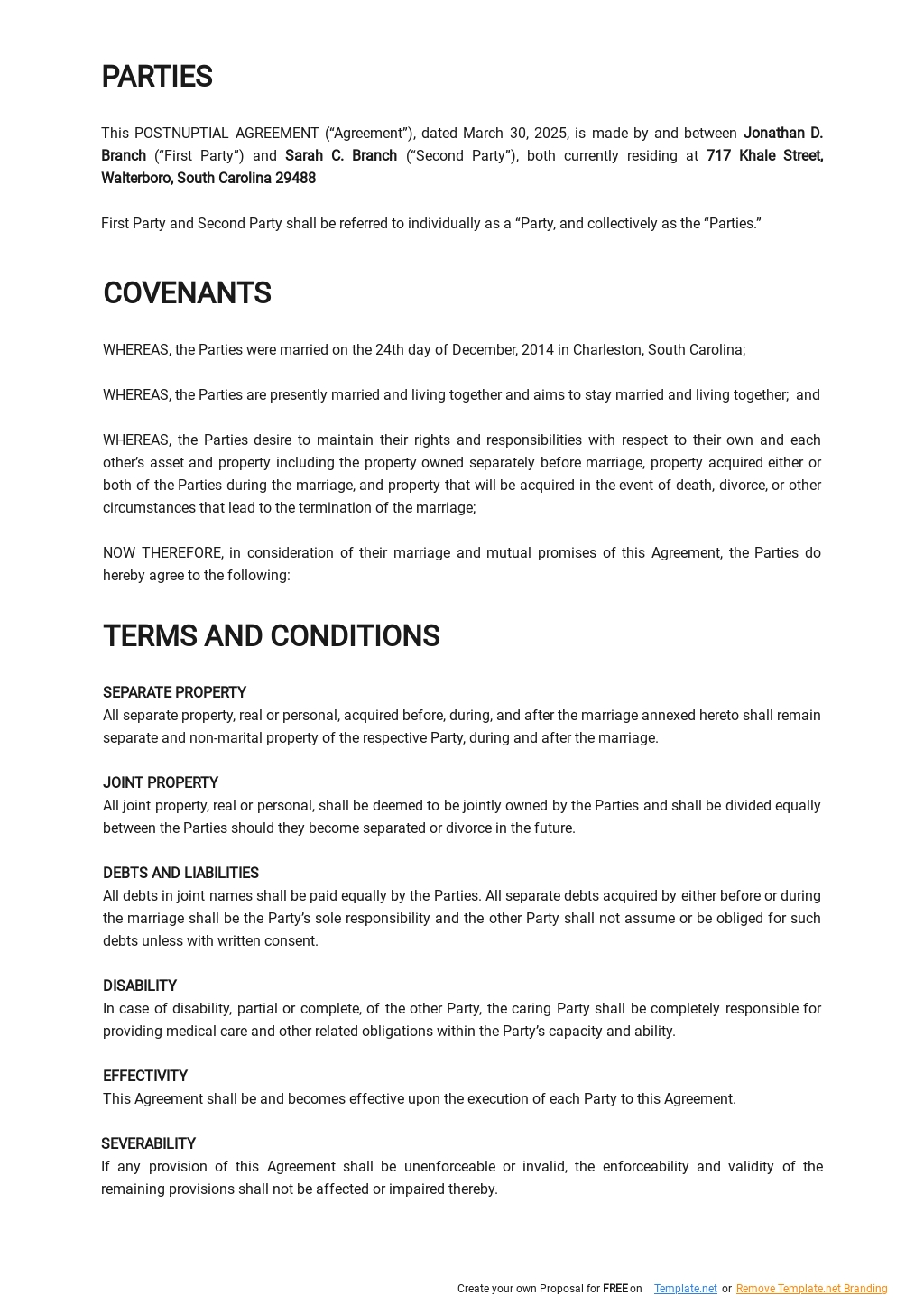 Free Sample Postnuptial Agreement Template Google Docs Word Apple 