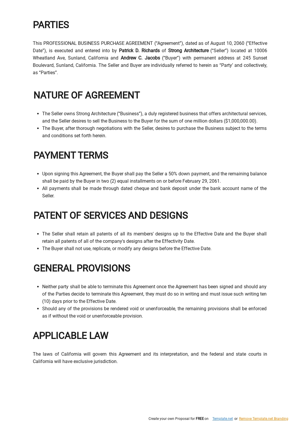 Free Simple Professional Business Purchase Agreement Template - Google ...